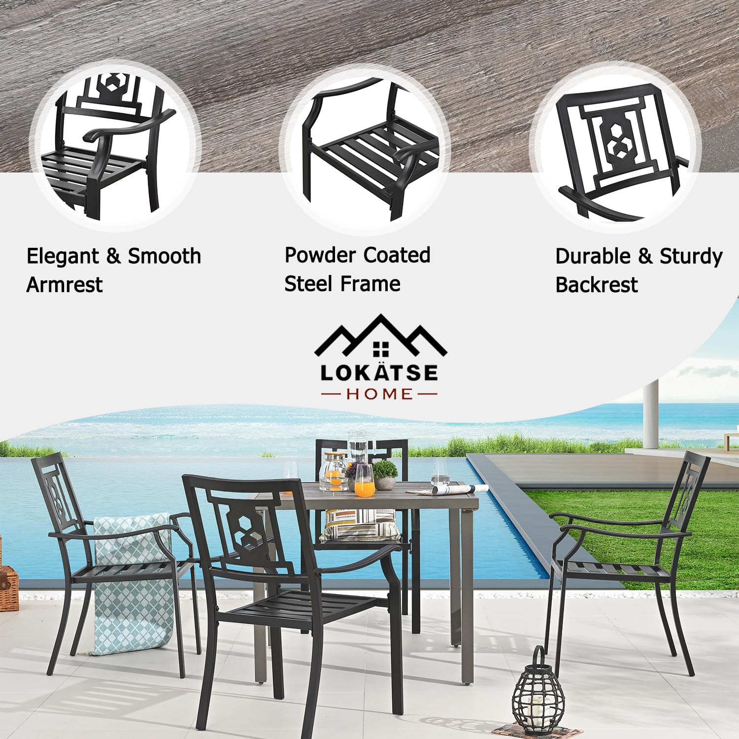 LOKATSE HOME 5 PCS Metal Outdoor Patio Dining Set with 4 Stackable Chairs and Square Bistro Table for Backyard Deck Lawn Garden, Black