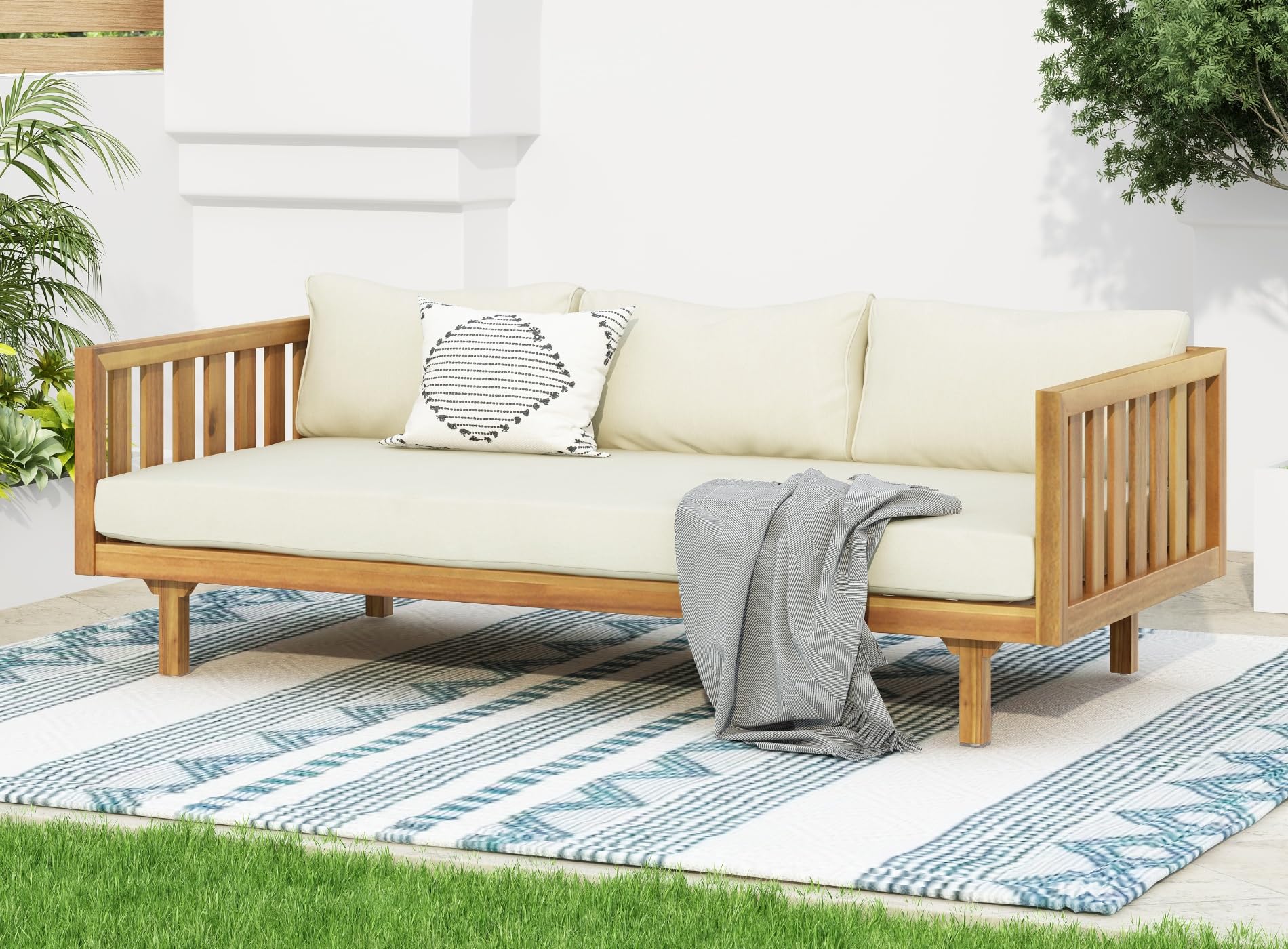 Merax Outdoor 3 Seater Daybed, Acacia Wood Day Bed Couch Sofa with Cushions for Patio Backyard, Garden, Beige