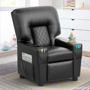 furnimat kids recliner chair, leather push back kids reclining chair with cup holders & side pockets, safety adjustable footrest toddler recliner for age 3+, kid recliners for girls boys, black