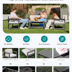 SERWALL 4 Pieces Outdoor Conversation Sofa Set with Cushions, HDPE Outdoor Couch Loveseat Furniture with Side Table All Weather Use for Patio, Balcony, Deck, Poolside, Grey Frame with Khaki Cushions