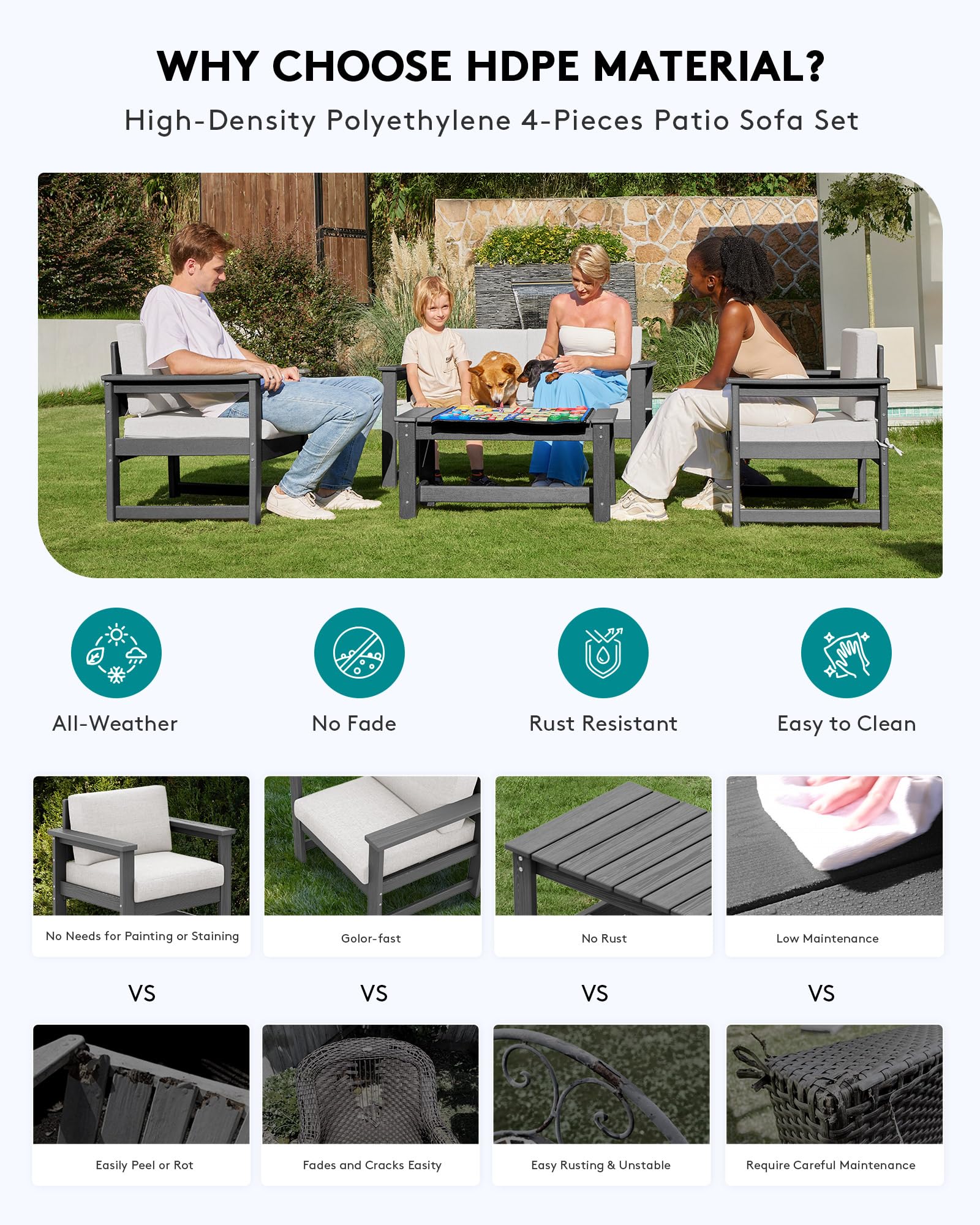 SERWALL 4 Pieces Outdoor Conversation Sofa Set with Cushions, HDPE Outdoor Couch Loveseat Furniture with Side Table All Weather Use for Patio, Balcony, Deck, Poolside, Grey Frame with Khaki Cushions