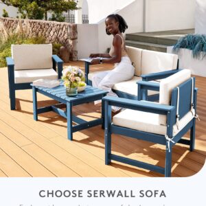 SERWALL 4 Pieces HDPE Outdoor Conversation Sofa Set with Cushions, Blue Frame and Khaki Cushion