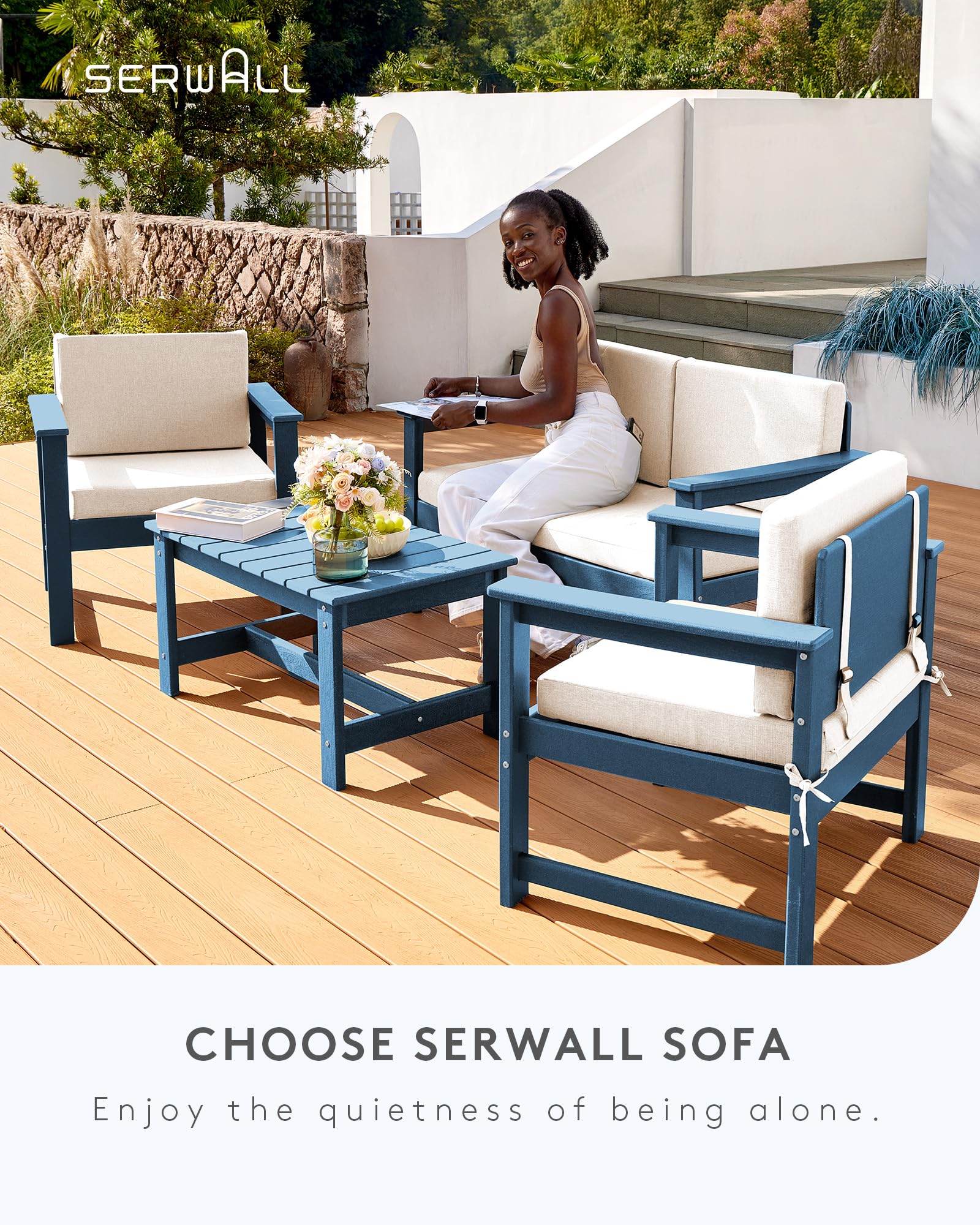 SERWALL 4 Pieces HDPE Outdoor Conversation Sofa Set with Cushions, Blue Frame and Khaki Cushion