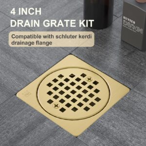 Yaseingoo 4” Drain Grate Kit - Compatible with Schluter Kerdi-Drain Flange - Shower Floor Drain Kit with Adjustable Collar - Removable Square Drain Set - SUS 304 Stainless Steel Grate - Brushed Brass