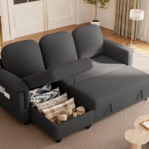 YESHOMY L-Shaped Sofa Bed Convertible Sectional,Pull Out Couches,3 Comfortable Seats with Storage Space,for Living Room,Cotton Grey