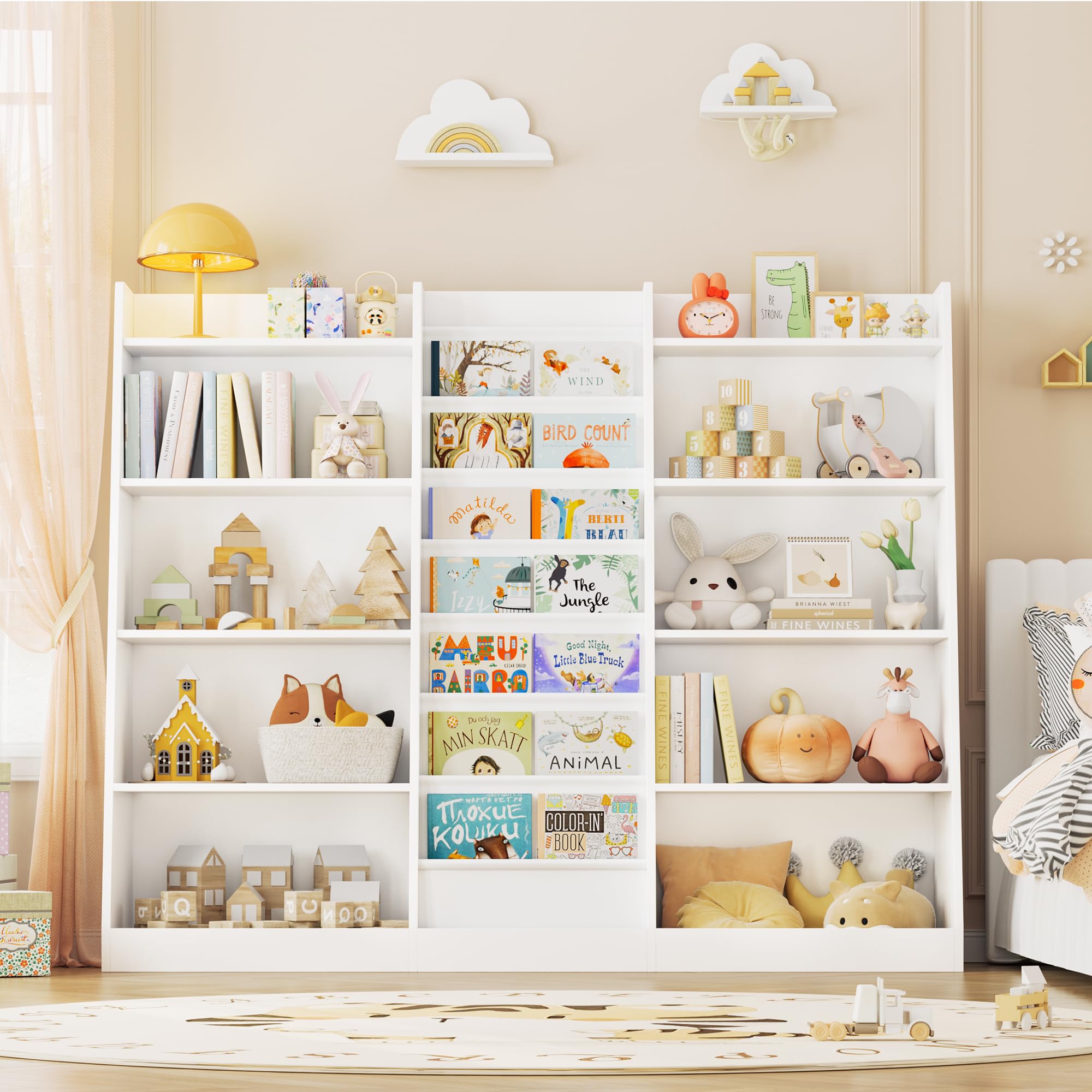 FOTOSOK 58’’ Kids Bookshelf, Super Large Wooden Book Shelf for Kids Rooms with 7 Deep Sling Sleeves and 10 Wooden Racks, Toy Storage Organizer Nursery Book Shelves for Quick Book Access, White