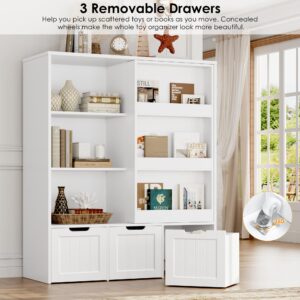 FOTOSOK Toy Storage Organizer with Sliding Book Shelf, Toy Organizers and Storage with 3 Movable Drawers and 6 Storage Cubbies, Playroom Organization and Storage Kids Bookshelf for Playroom, Bedroom