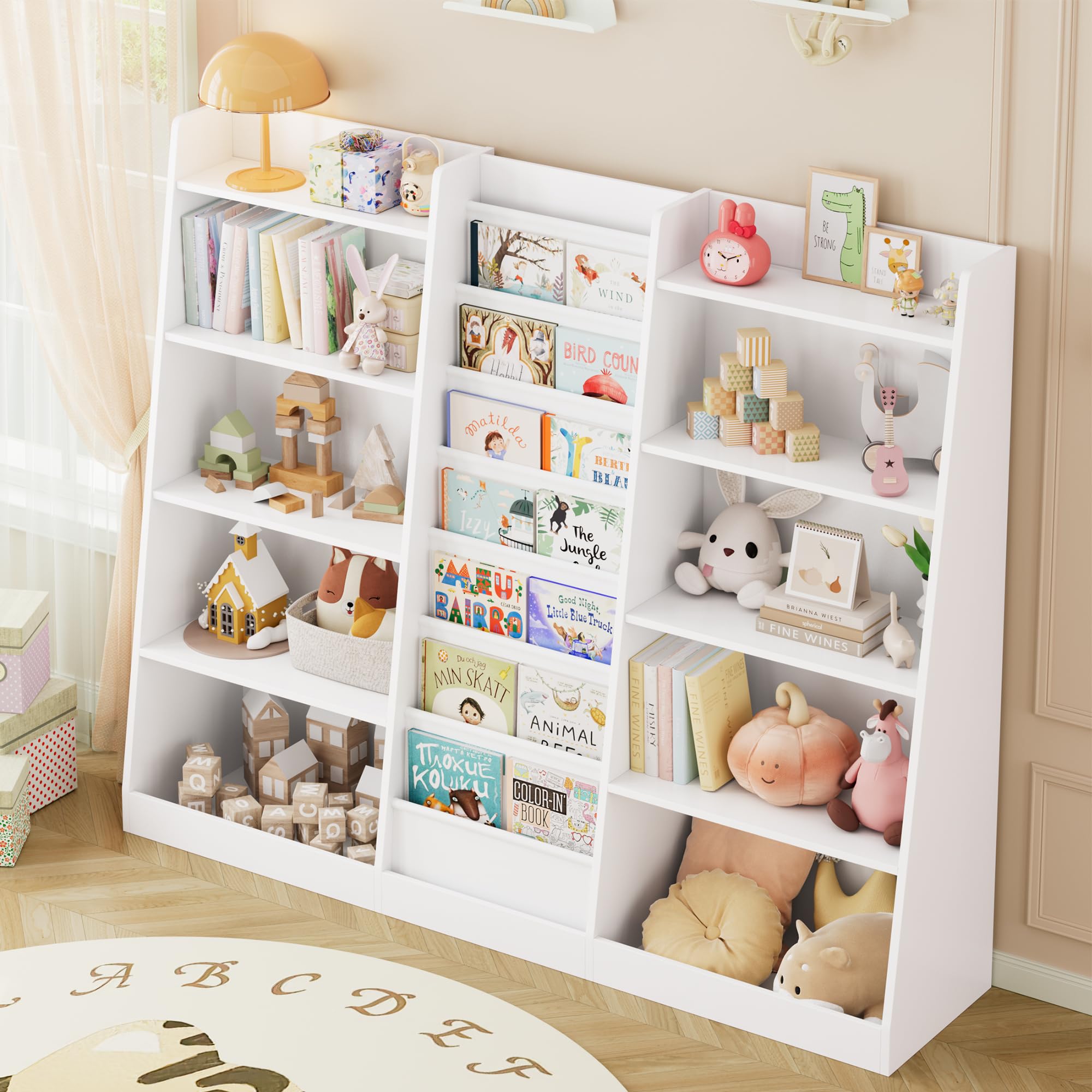 FOTOSOK 58’’ Kids Bookshelf, Super Large Wooden Book Shelf for Kids Rooms with 7 Deep Sling Sleeves and 10 Wooden Racks, Toy Storage Organizer Nursery Book Shelves for Quick Book Access, White