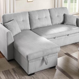 BEEY Small Sleeper Sofa, 82" Convertible L Shaped Couch with Pull Out Bed and Storage Chaise, Corduroy Sectional Sofa Bed for Bedroom, Living Room, Apartment, Light Grey