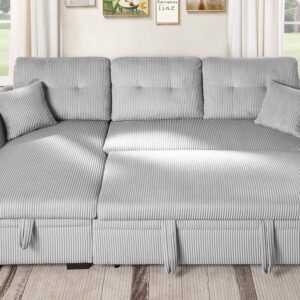 BEEY Small Sleeper Sofa, 82" Convertible L Shaped Couch with Pull Out Bed and Storage Chaise, Corduroy Sectional Sofa Bed for Bedroom, Living Room, Apartment, Light Grey