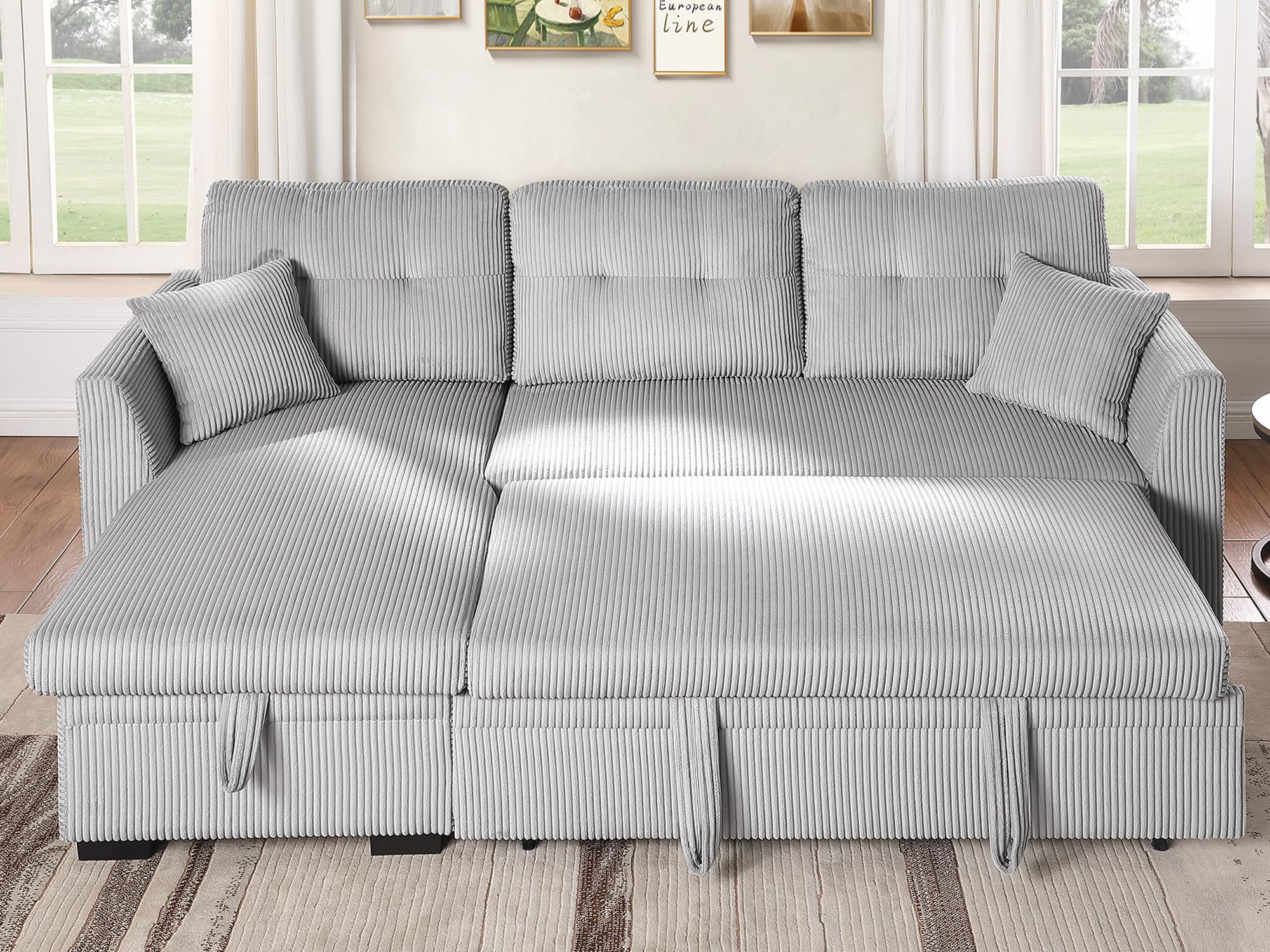 BEEY Small Sleeper Sofa, 82" Convertible L Shaped Couch with Pull Out Bed and Storage Chaise, Corduroy Sectional Sofa Bed for Bedroom, Living Room, Apartment, Light Grey