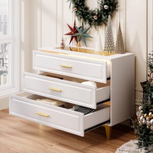 GLAUBIO Dresser for Bedroom,Jewelry Organizer with Glass Top,3 Drawer Dresser Organizer Drawer Cabinet,Small Dresser Gold Metal Legs, White