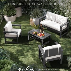 SERWALL 4 Pieces Outdoor Conversation Sofa Set with Cushions, HDPE Outdoor Couch Loveseat Furniture with Side Table All Weather Use for Patio, Balcony, Deck, Poolside, Grey Frame with Khaki Cushions