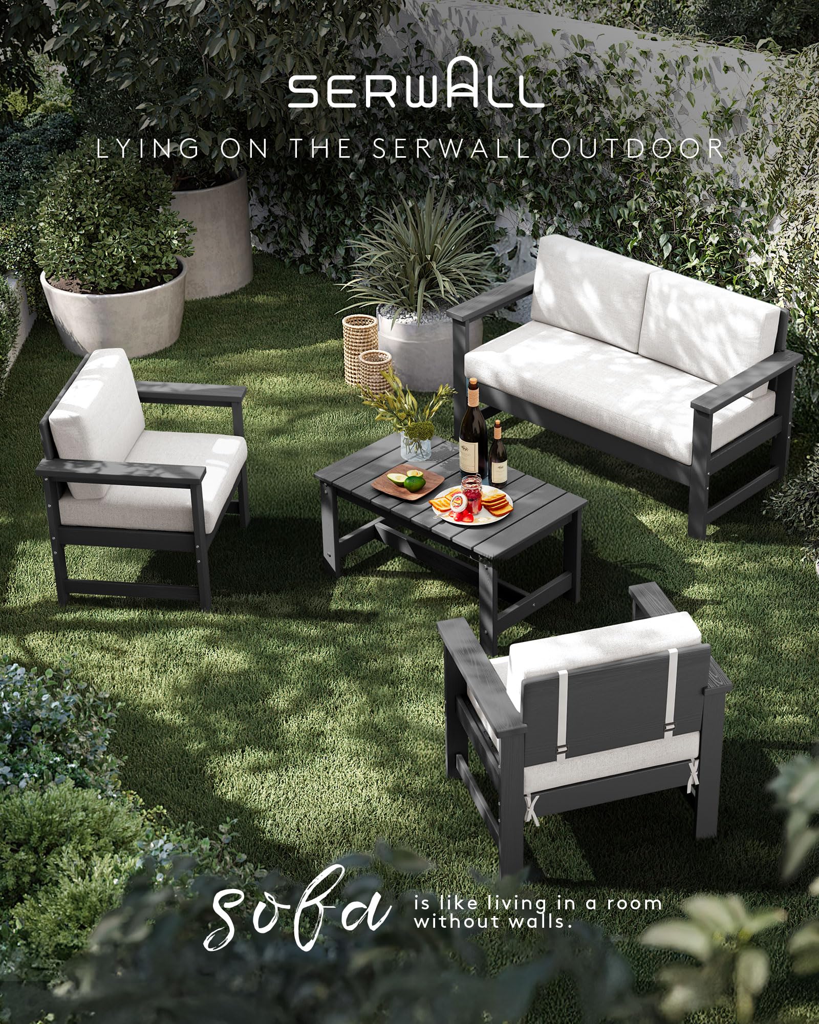 SERWALL 4 Pieces Outdoor Conversation Sofa Set with Cushions, HDPE Outdoor Couch Loveseat Furniture with Side Table All Weather Use for Patio, Balcony, Deck, Poolside, Grey Frame with Khaki Cushions