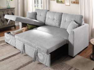 beey small sleeper sofa, 82" convertible l shaped couch with pull out bed and storage chaise, corduroy sectional sofa bed for bedroom, living room, apartment, light grey