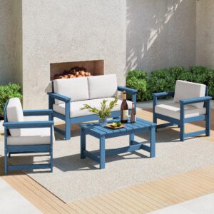 serwall 4 pieces hdpe outdoor conversation sofa set with cushions, blue frame and khaki cushion