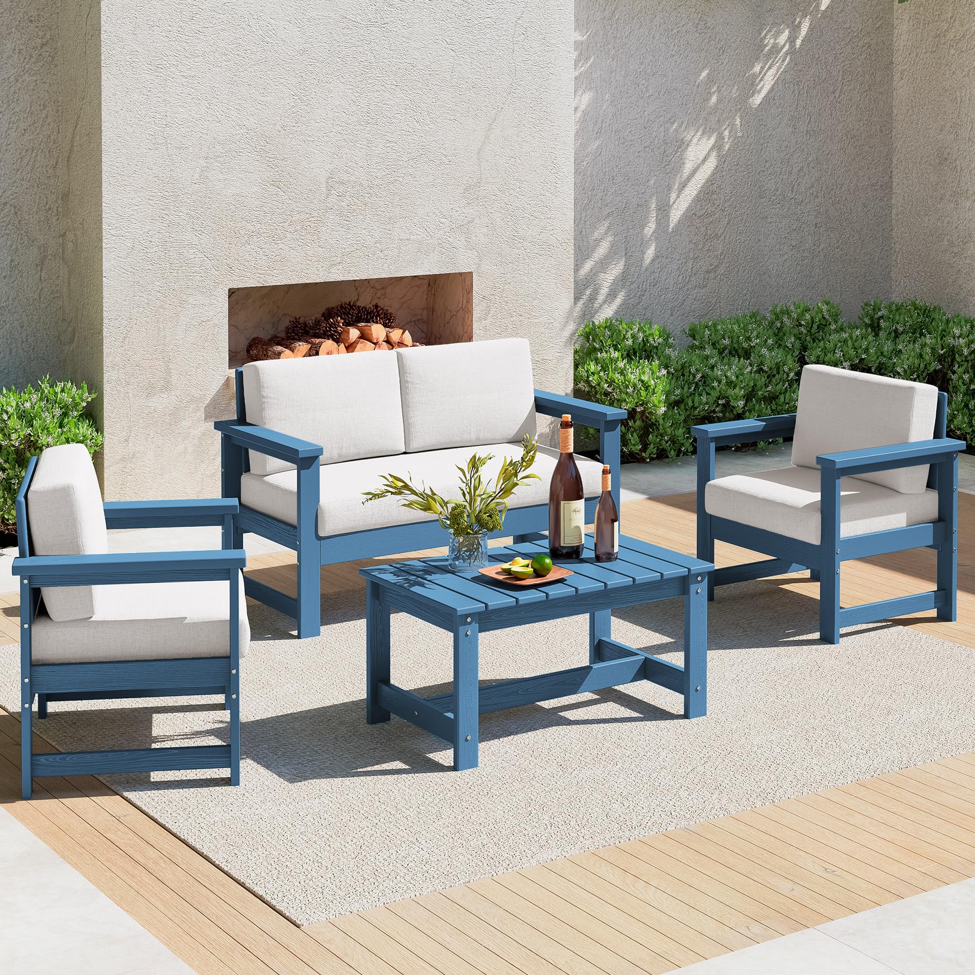 SERWALL 4 Pieces HDPE Outdoor Conversation Sofa Set with Cushions, Blue Frame and Khaki Cushion