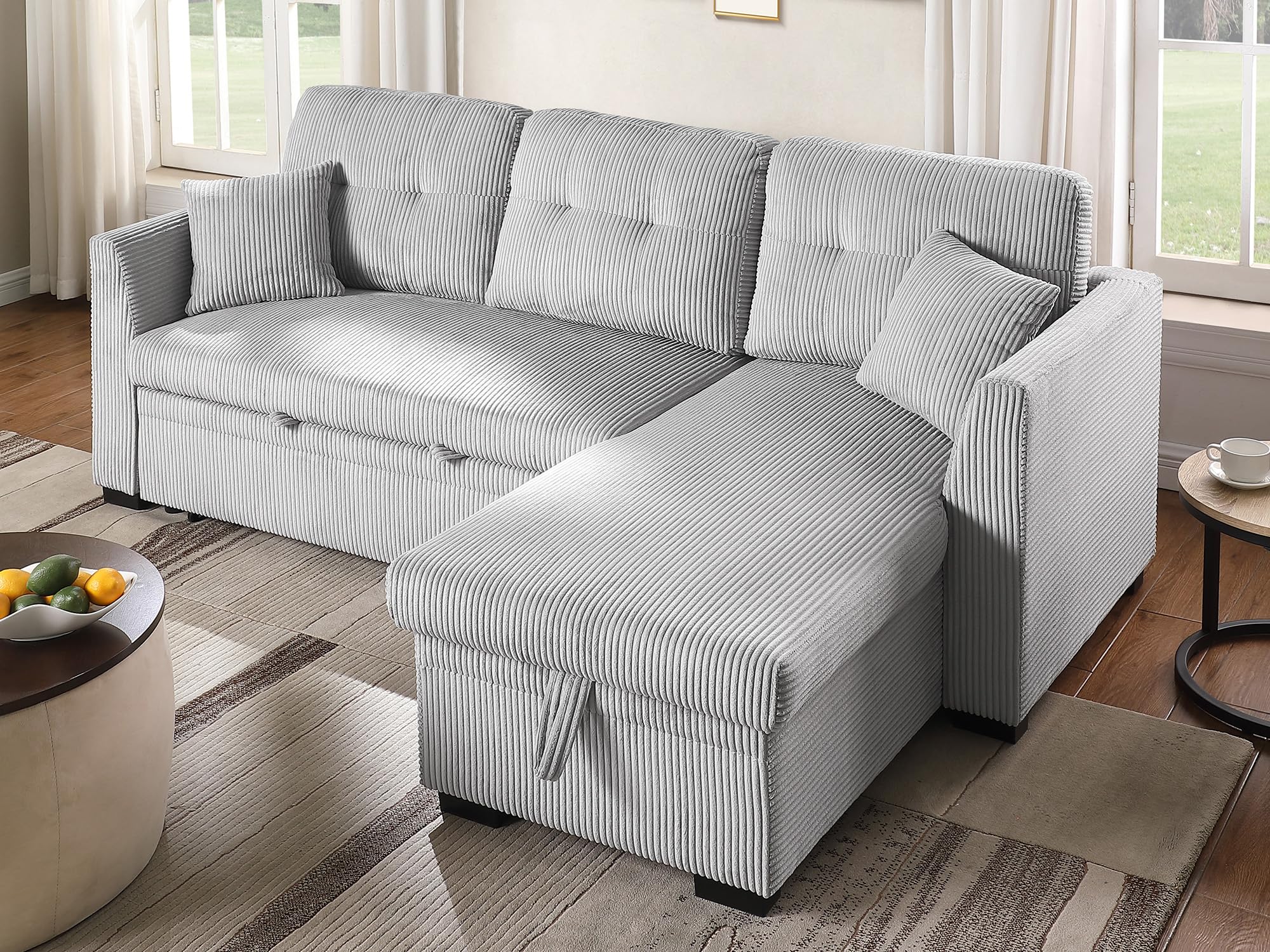 BEEY Small Sleeper Sofa, 82" Convertible L Shaped Couch with Pull Out Bed and Storage Chaise, Corduroy Sectional Sofa Bed for Bedroom, Living Room, Apartment, Light Grey