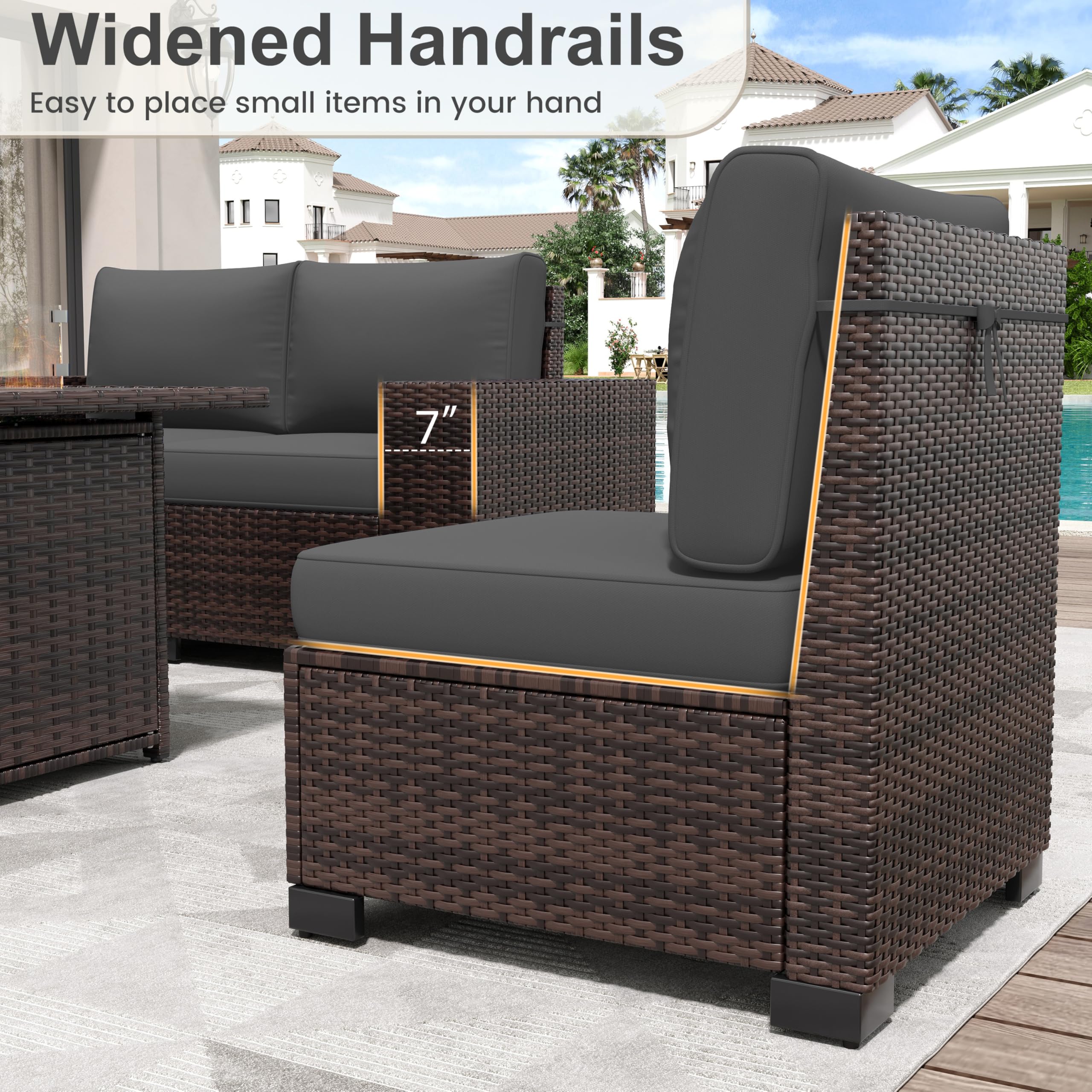 Amopatio Outdoor Patio Furniture Sets, 7 Pieces Brown Wicker Patio Sectional Couch with Glass Top Table and Waterproof Covers, Outdoor Sofa Fit Backyard Poolside, Grey Cushion