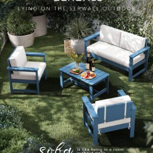 SERWALL 4 Pieces HDPE Outdoor Conversation Sofa Set with Cushions, Blue Frame and Khaki Cushion