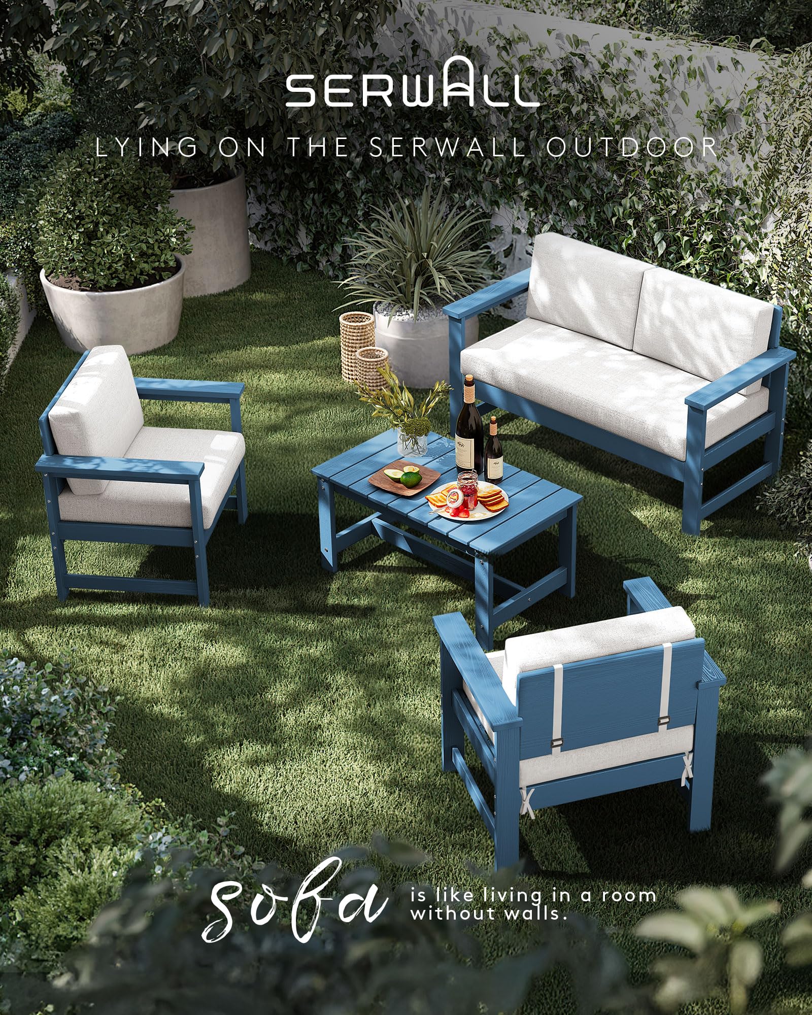 SERWALL 4 Pieces HDPE Outdoor Conversation Sofa Set with Cushions, Blue Frame and Khaki Cushion