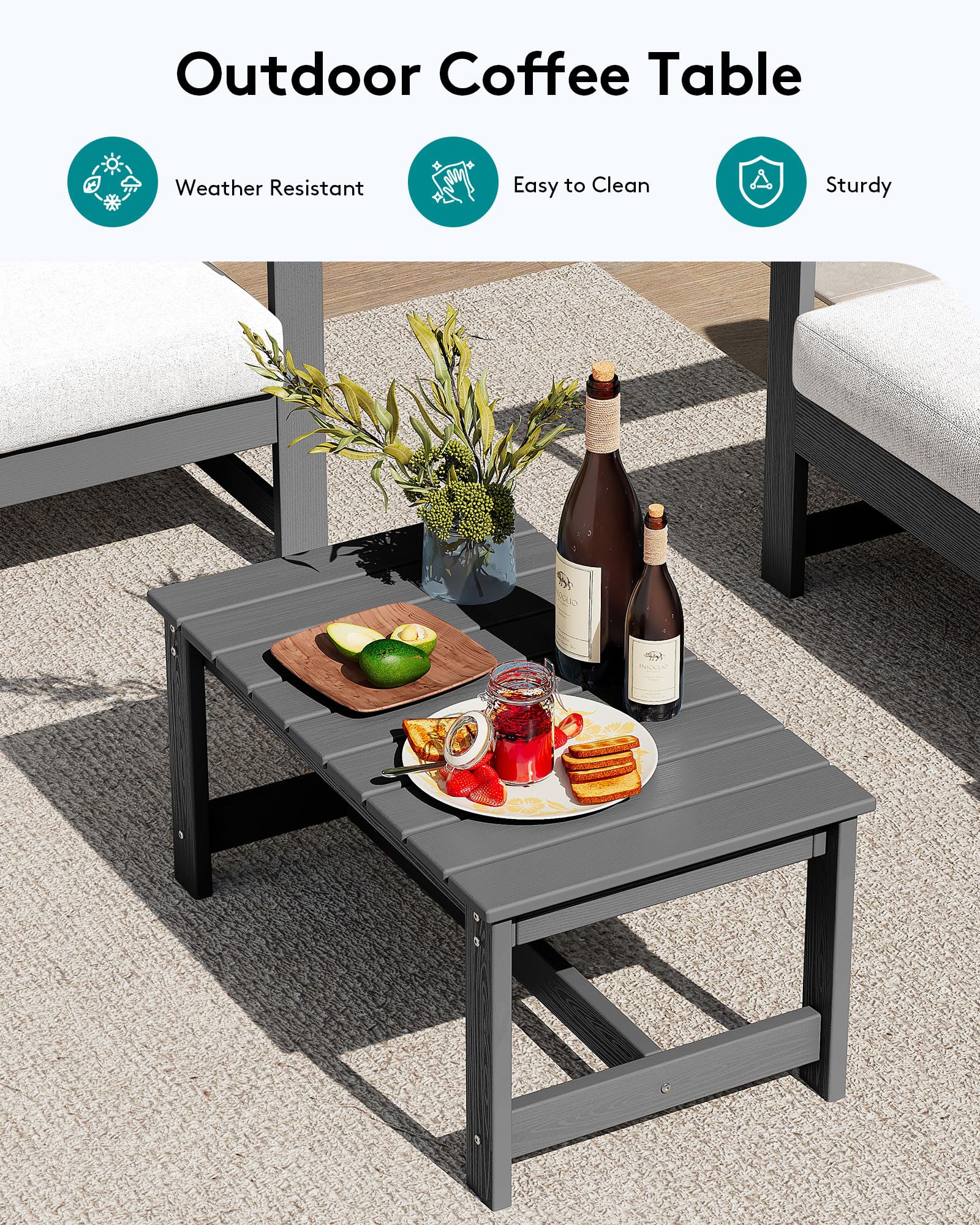 SERWALL 4 Pieces Outdoor Conversation Sofa Set with Cushions, HDPE Outdoor Couch Loveseat Furniture with Side Table All Weather Use for Patio, Balcony, Deck, Poolside, Grey Frame with Khaki Cushions