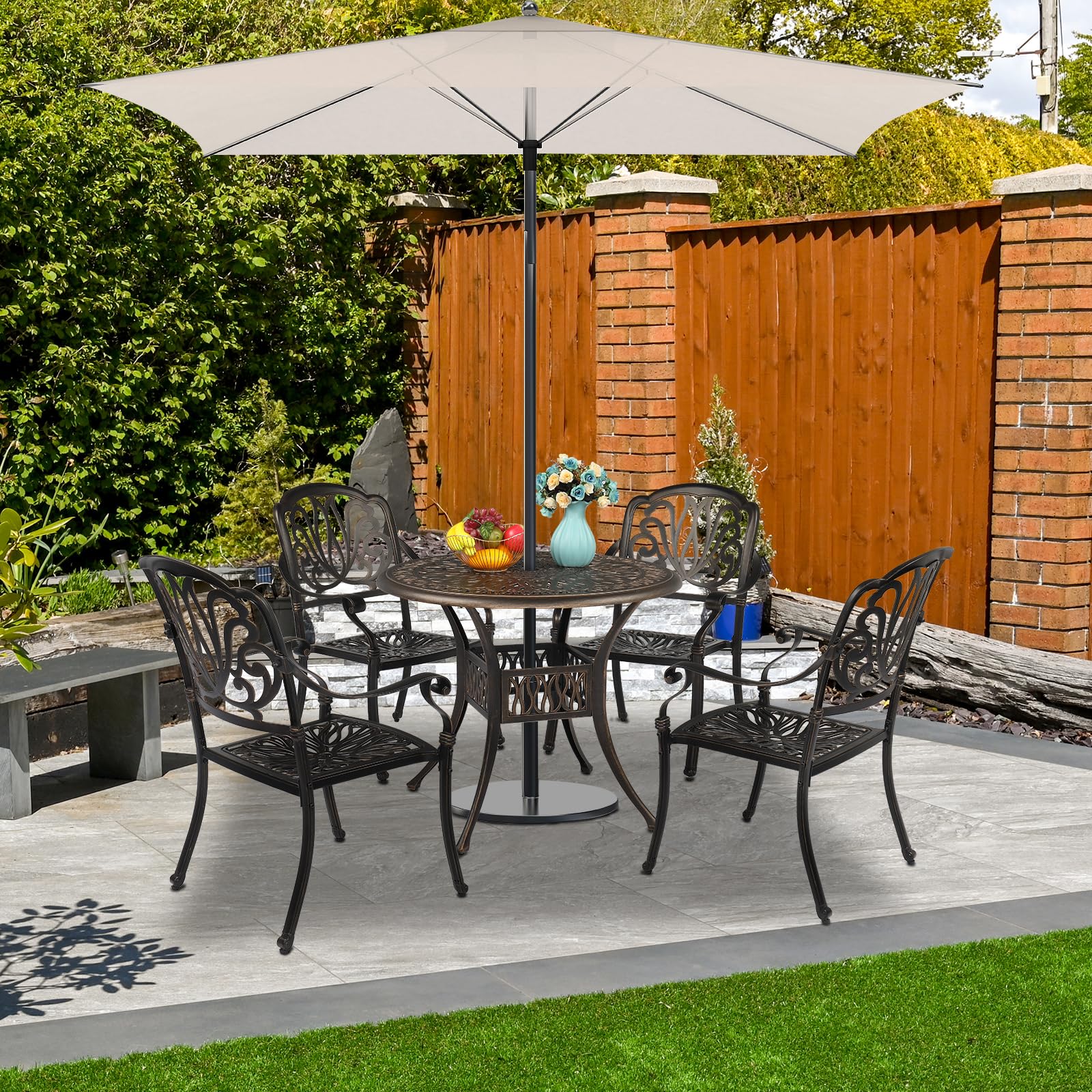 VINGLI 5 Pieces Outdoor Patio Dining Set, Cast Aluminium Patio Furniture Set with 4 Chairs and 1 Umbrella Table for Yard, Garden, Porch and Poolside, Bronze (Round Table and Chairs)