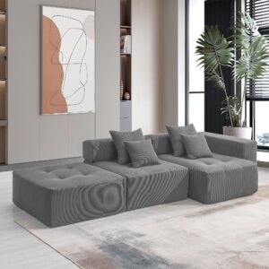 P PURLOVE L Shaped Sectional Sofa, Corduroy Modern Minimalist Style L Shaped Couch, Modular Upholstered Living Room Sofa Set for Living Room, Apartment, 3 PC Free Combination (Gray)