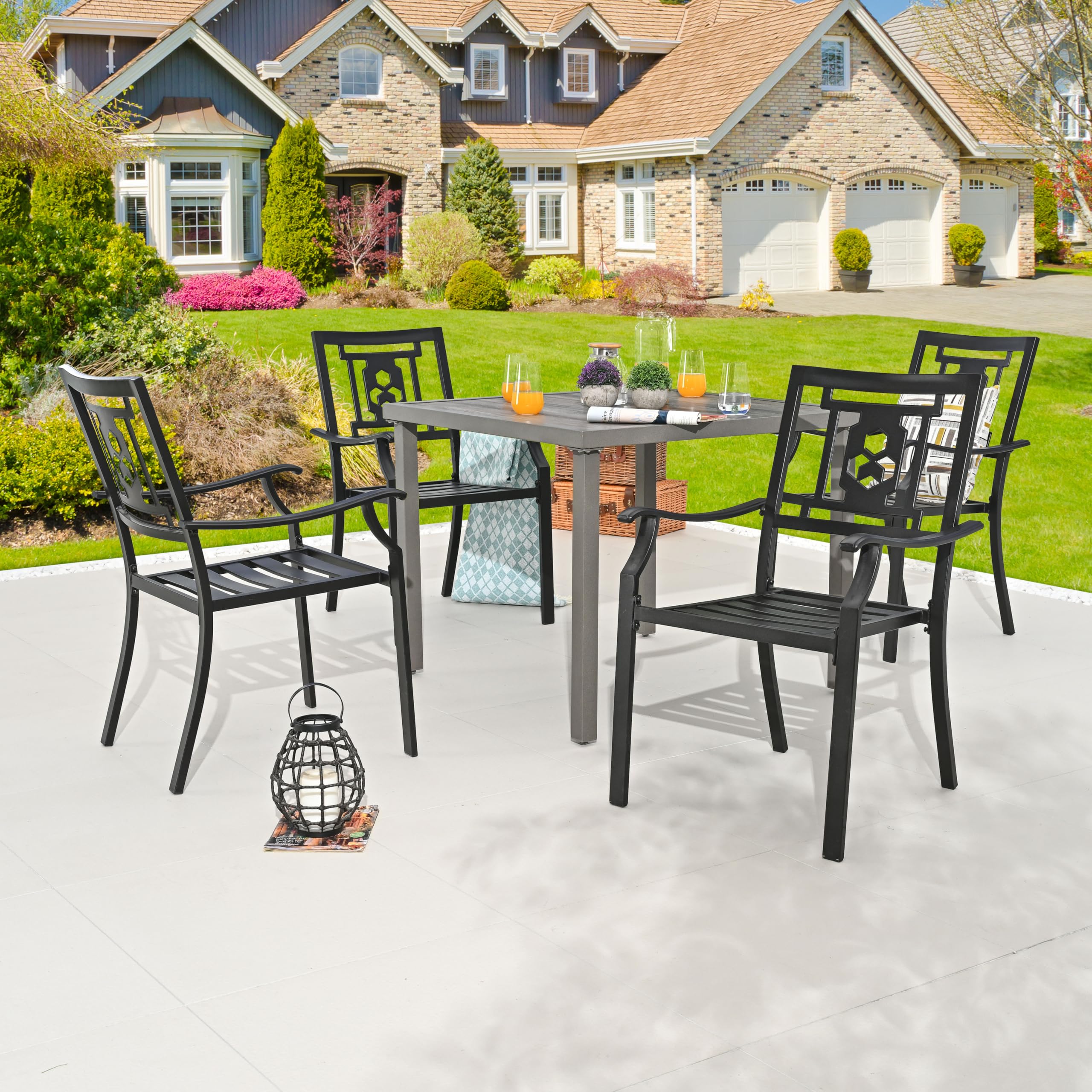 LOKATSE HOME 5 PCS Metal Outdoor Patio Dining Set with 4 Stackable Chairs and Square Bistro Table for Backyard Deck Lawn Garden, Black