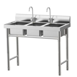 3 compartment commercial utility sink, 304 stainless steel laundry tub culinary sink, freestanding prep & utility washing sink with 2 faucets, restaurant sink station for outdoor indoor