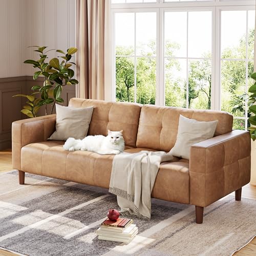 GarveeHome 3-Seater Sofa Couch, 83" Wide Faux Leather Sofa Couch with Spring Cushion, Modern Sofa with Deep Seats and 2 Removable Back Cushions, for Living Room, Bedroom, Apartment, Office, Brown