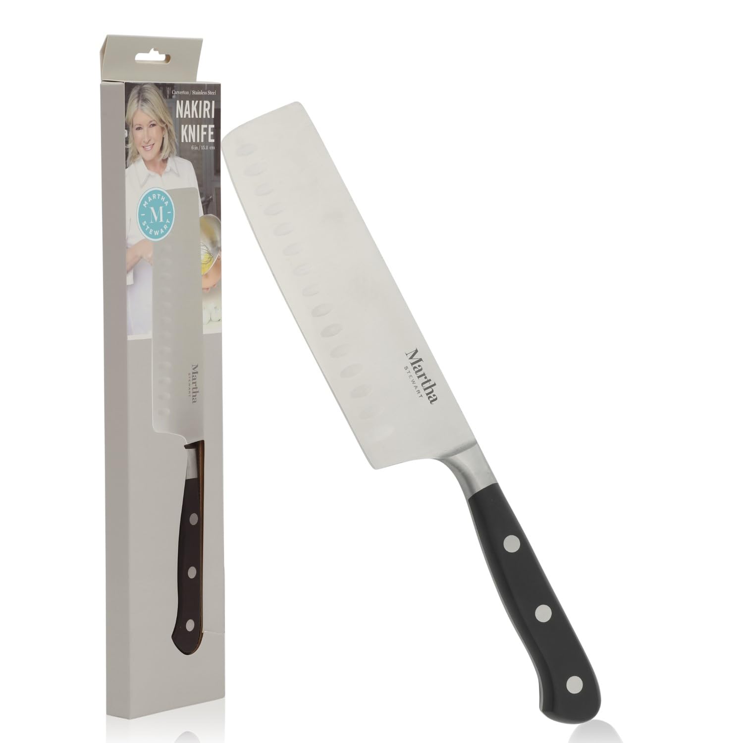 Martha Stewart Carverton 6" Nakiri Knife, High Carbon Stainless Steel Kitchen Knives w/Black Triple Riveted Handle