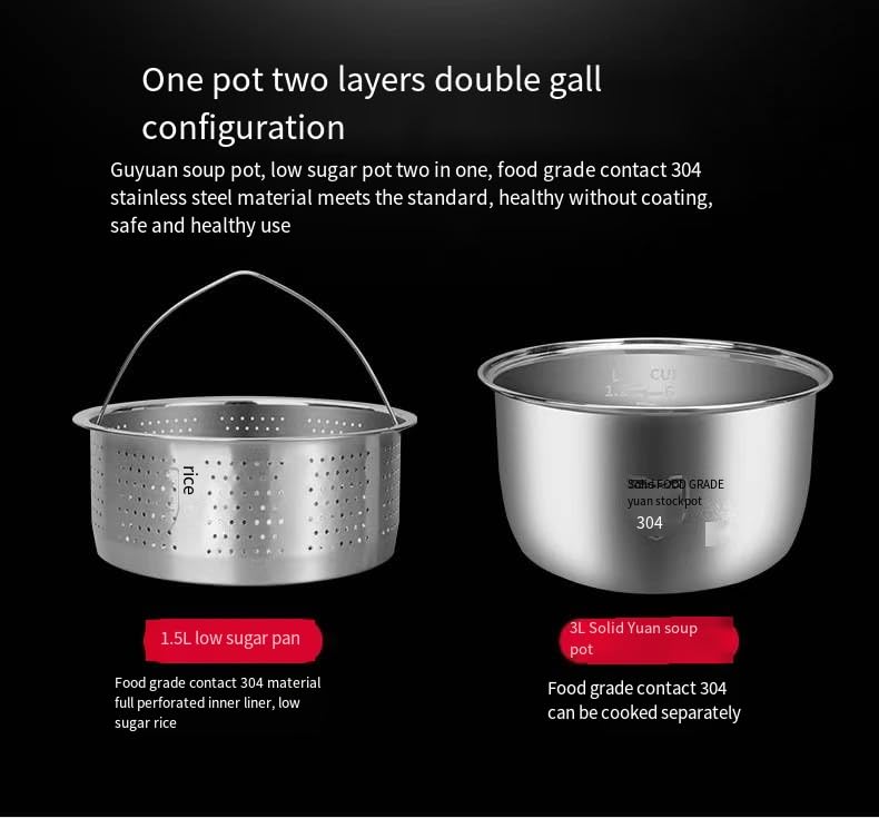 Low Carbon Rice Cooker, Multifunctional Rice Cooker, 304 Stainless Steel Non Stick Inner Pot Rice Cooker, Three iInternal Container Designs For Separating Rice Soup, 24-Hour Timer Design（220v）