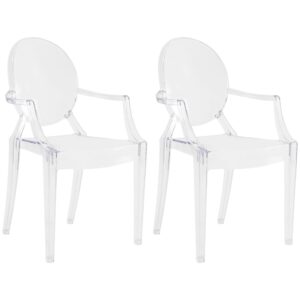 joon 2 pack kids ghost chairs with armrest transparent, 25x13x14.5 inches, polycarbonate material, 12.75” seat height, stackable, for toddler parties, playroom, daycare, home (transparent clear)