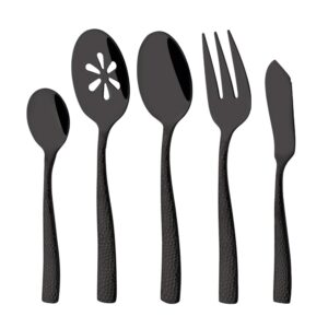 uniturcky serving utensils set, 5-piece 18/8 stainless steel hostess serving set, elegant hammered serving utensils for home restaurant and buffet catering, heavy and mirror polished, black