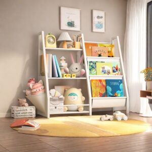 infurnic Kids Bookshelf and Toy Organizer with Extra Pocket, Book Shelf for Kids Rooms,2 in 1 Nursery Book Shelves, Toddler Bookshelf Montessori Bookshelf and Kids Book Shelf (White)