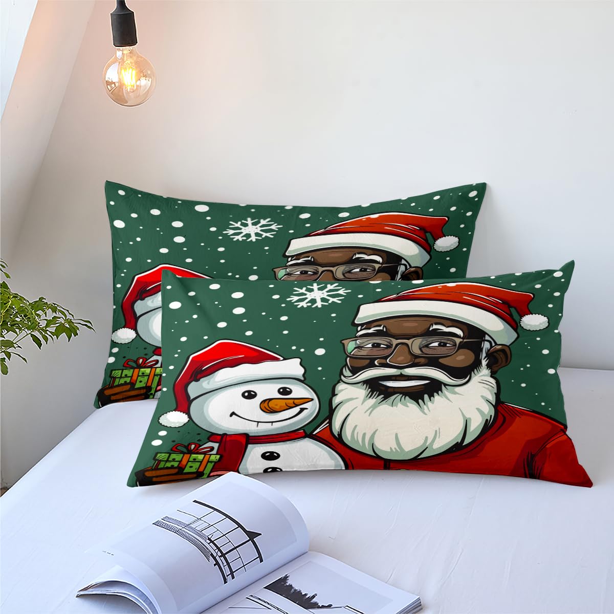 CCoutueChen Black Santa Claus Comforter Set Queen Size,Cute Cartoon Snowman Bedding Set for Kids Children,Green Christmas Holiday Decor Comforter,3Pcs Soft Warm Bed Set with 2 Pillowcases(90 * 90)