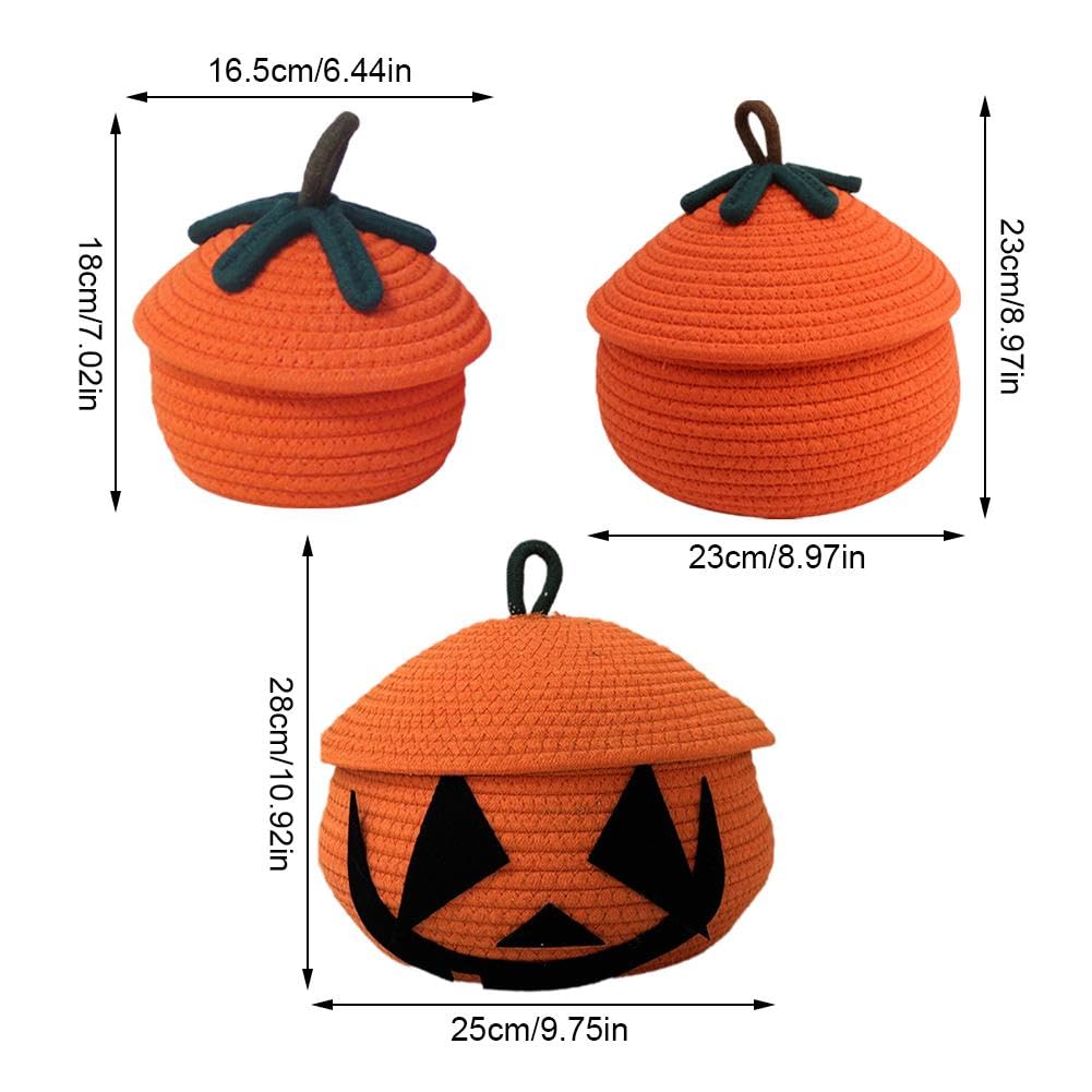 WAXCMXYH Pumpkin Basket with Lid, Halloween Hand Woven Pumpkin Shape Candy Basket Decorative, Orange Rope Braided Basket Snacks Organizer for Trick or Treat, Fall Harvest Table Decor