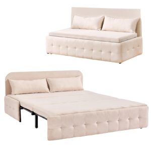 edwinene pull-out sofa bed, convertible sleeper sofa couch, modern comfy sofa cama with 2 soft pillows, loveseat couch for living room, apartment (beige)