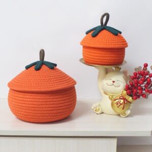 WAXCMXYH Pumpkin Basket with Lid, Halloween Hand Woven Pumpkin Shape Candy Basket Decorative, Orange Rope Braided Basket Snacks Organizer for Trick or Treat, Fall Harvest Table Decor