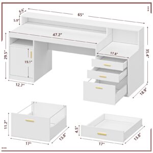 TVU 65" Computer Desk with 3 Drawer & Storage Shelves, Home Office Desk with File Drawer Cabinet, Executive Desk with Long Monitor Stand & Printer Shelf, White