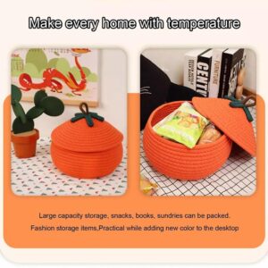 WAXCMXYH Pumpkin Basket with Lid, Halloween Hand Woven Pumpkin Shape Candy Basket Decorative, Orange Rope Braided Basket Snacks Organizer for Trick or Treat, Fall Harvest Table Decor