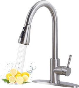 hotis kitchen faucet with pull down spray, high arc commercial brushed nickel kitchen sink faucets, small rv stainless steel single handle pull out faucet for kitchen sink with deck plate