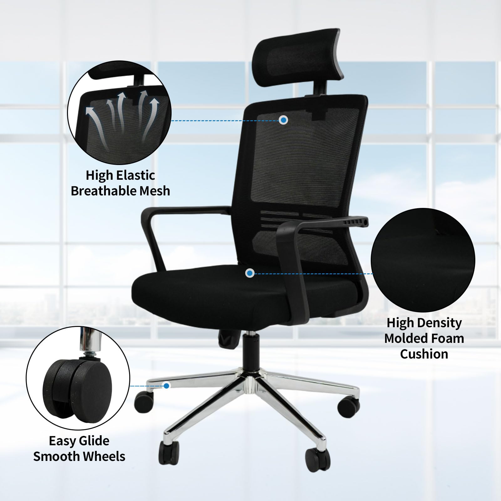 Ergonomic Office Chair,High Back Desk Chair with 3 Gear Tilting Backrest and Adjustable Headrest,400lbs Weight Capacity Integrated Metal Base with Swivel Wheels,Comfort Breathable Mesh Office Chair