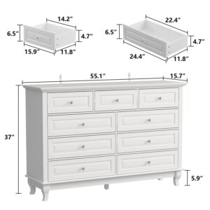 MOUMON Chest of Drawers 9 Drawer Dresser, Modern Contemporary Dresser with Sliver Handles, 9 Drawer Cabinet with Wooden Legs, White Dresser for Bedroom 55.1”W x 15.7”D x 37”H