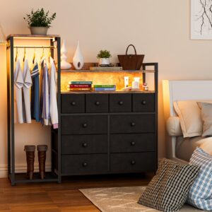 HPWLYO 10 Drawers LED Dresser for Bedroom, Black Fabric Dresser with Clothes Rack, Tall Storage Chest of Drawers, Dressers & Chests of Drawers, Wooden Top, Bedroom, Closet