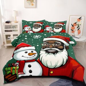 ccoutuechen black santa claus comforter set queen size,cute cartoon snowman bedding set for kids children,green christmas holiday decor comforter,3pcs soft warm bed set with 2 pillowcases(90 * 90)