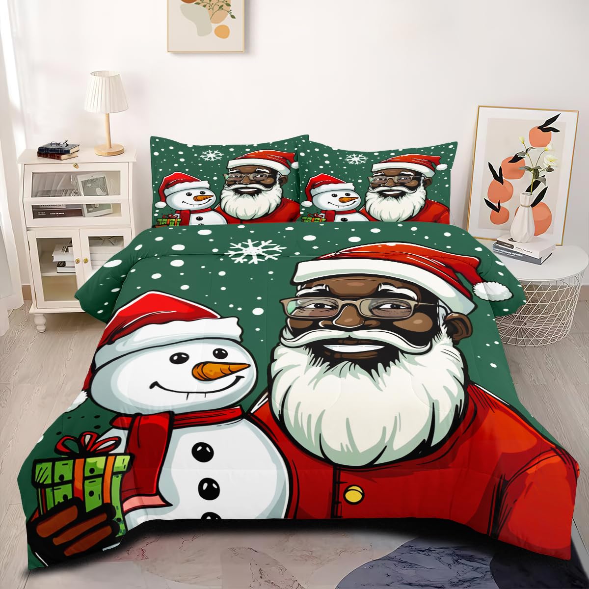 CCoutueChen Black Santa Claus Comforter Set Queen Size,Cute Cartoon Snowman Bedding Set for Kids Children,Green Christmas Holiday Decor Comforter,3Pcs Soft Warm Bed Set with 2 Pillowcases(90 * 90)