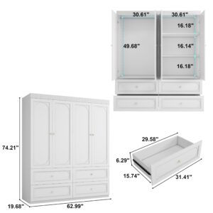 LABROSKIA Bedroom Armoire Wardrobe Closet with 4 Drawers: 74" White Wood Closet for Hanging Clothes, Cabinet for Clothes with 4 Doors, Large Wardrobe Closet with Shelves (White)