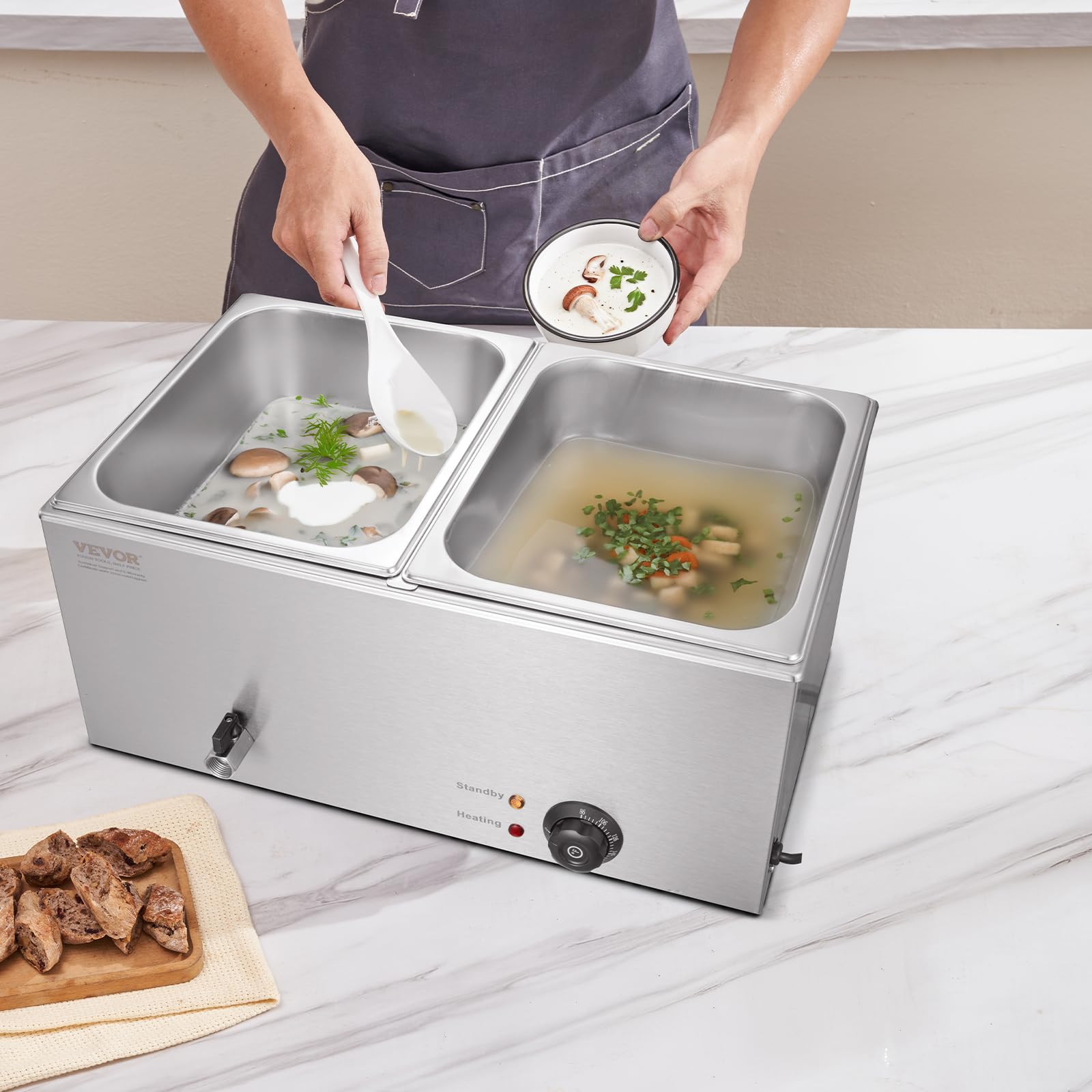 VEVOR 2-Pan Commercial Food Warmer, 24QT Electric Steam Table, 1200W Professional Countertop Stainless Steel Buffet Bain Marie with 86-185°F Temp Control for Catering and Restaurants, Silver